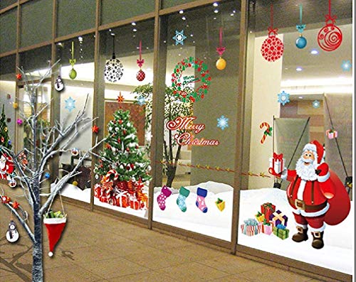YULOONG Christmas Windows Static Stickers Clings Removable Vinyl Santa Claus Christmas Tree Snowman Snowflake Deer DIY Wall Window Door Mural Showcase Decal Sticker