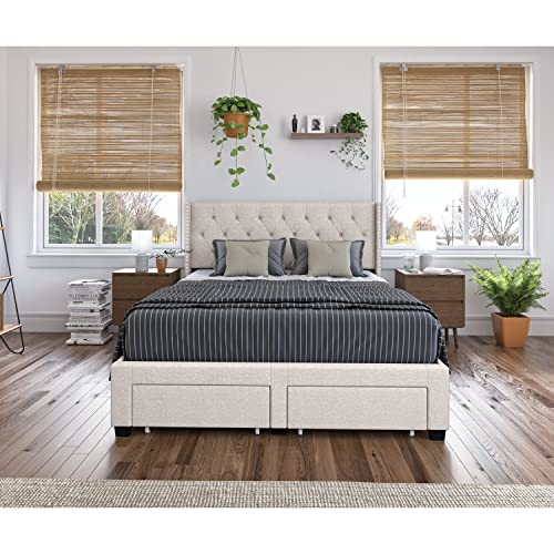 DG Casa Bardy Upholstered Panel Bed Frame with Storage Drawers and Diamond Button Tufted Nailhead Trim Wingback Headboard, King Size in Beige Fabric…