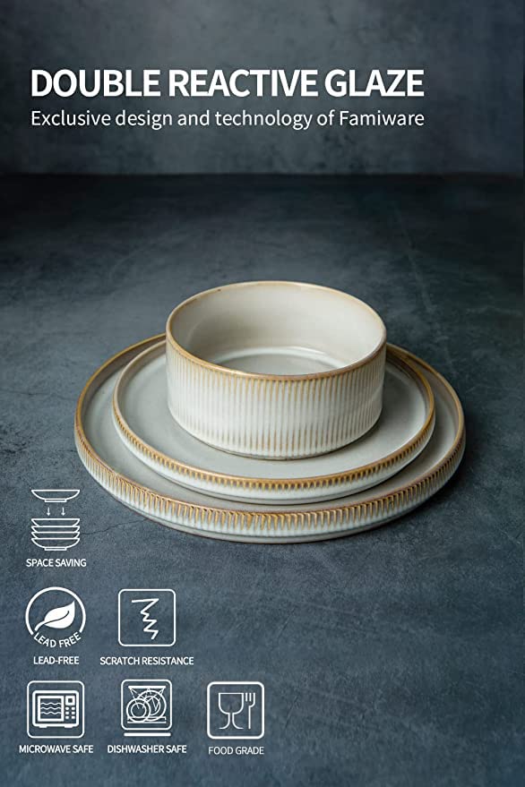 Famiware Dinnerware Sets, Plates and Bowls Set for 4, 12 Piece Dish Set, Cappuccino White