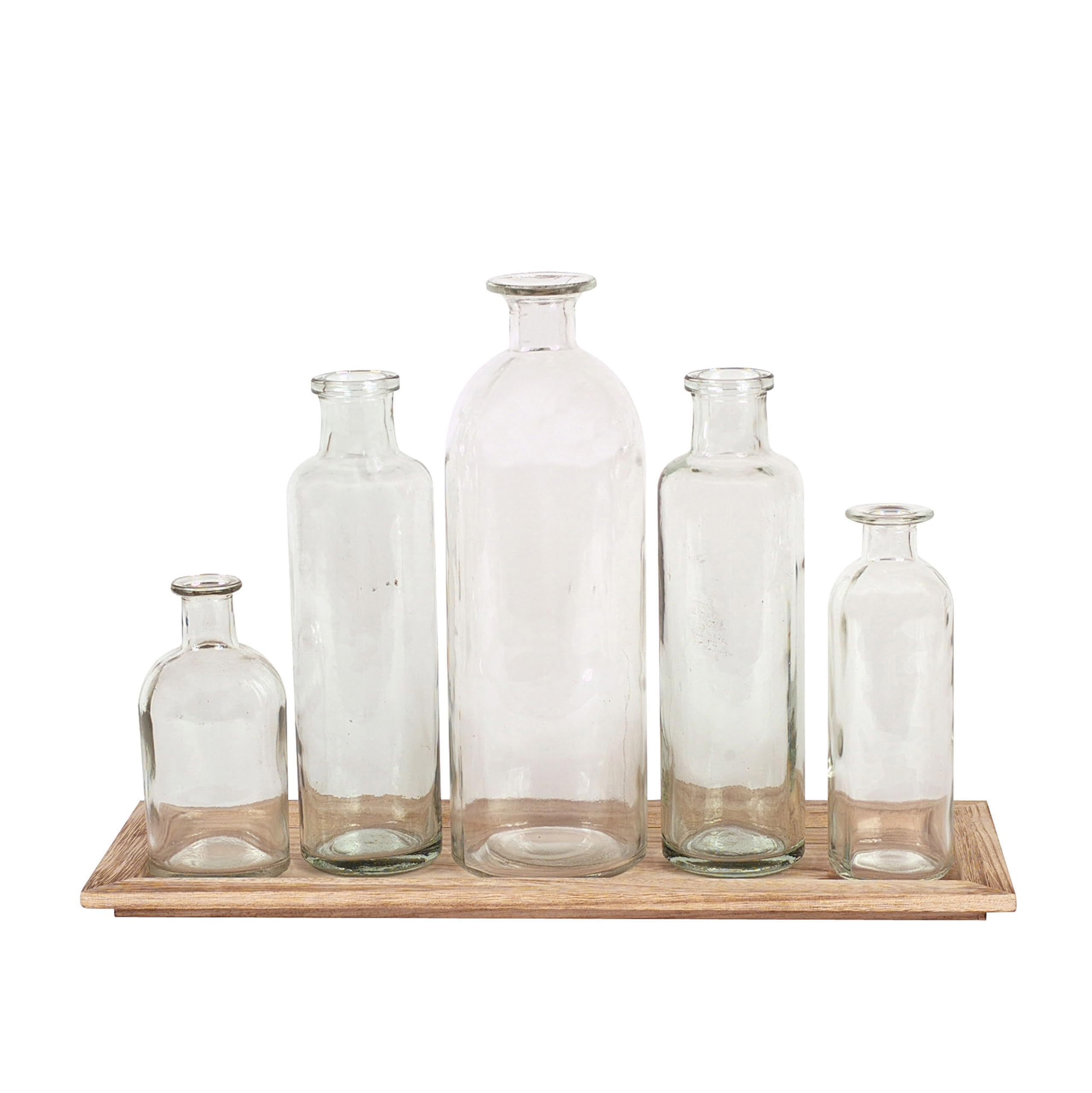 Creative Co-Op Set of 5 Vintage Bottle Vases on Wood Tray