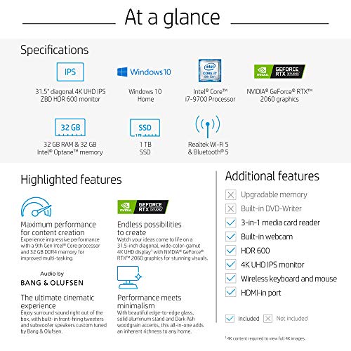 HP ENVY 32 All-in-One PC, 9th Gen Intel Core i7-9700 Processor, 4K UHD monitor, NVIDIA GeForce RTX 2060 graphics (6 GB), 32 GB RAM, 32 GB Intel Optane, 1 TB SSD, Windows 10 (32-a0040, Black) (6YR48AA)