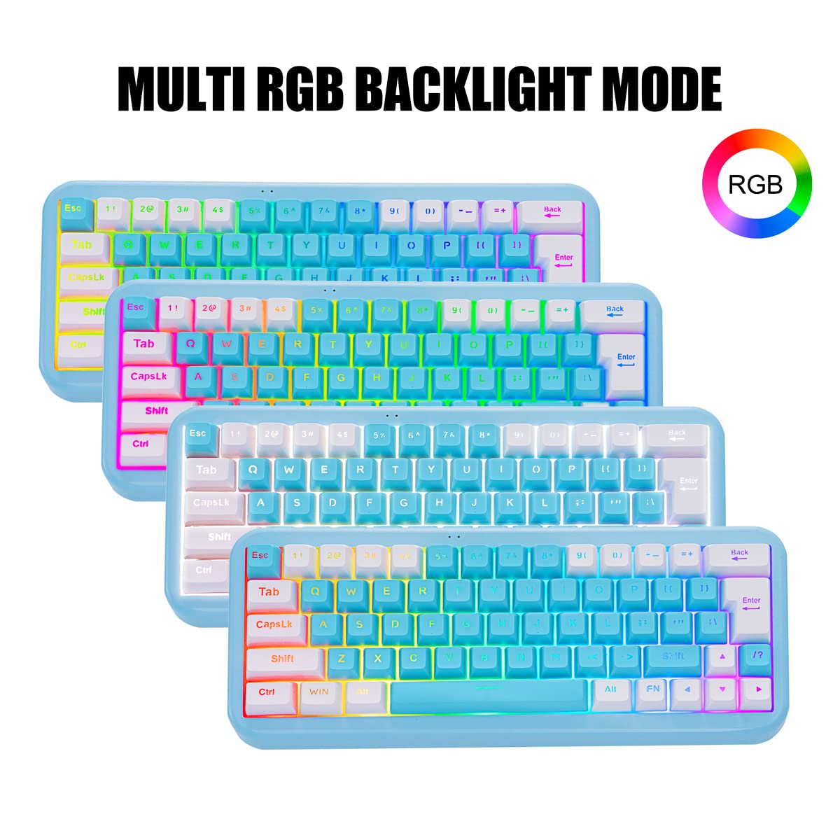 7KEYS 60% 2.4G Wireless Gaming Keyboard with Wrist Rest, Compact 63 Keys Mini RGB light up keyboard for PC Mac Laptop, Portable, Rechargeable Quiet for Typing and Gaming (Blue&white)