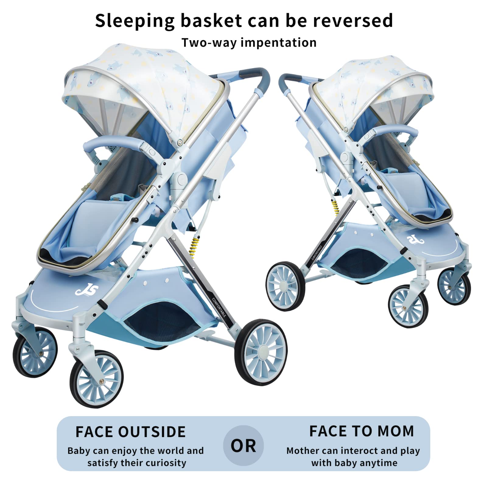 Baby Stroller - 2 in 1 High Landscape Convertible Stroller with Reversible Seat, Foldable Aluminum Alloy Pram Anti-Shock Toddler Pushchair Strollers for 0-36 Months Babies