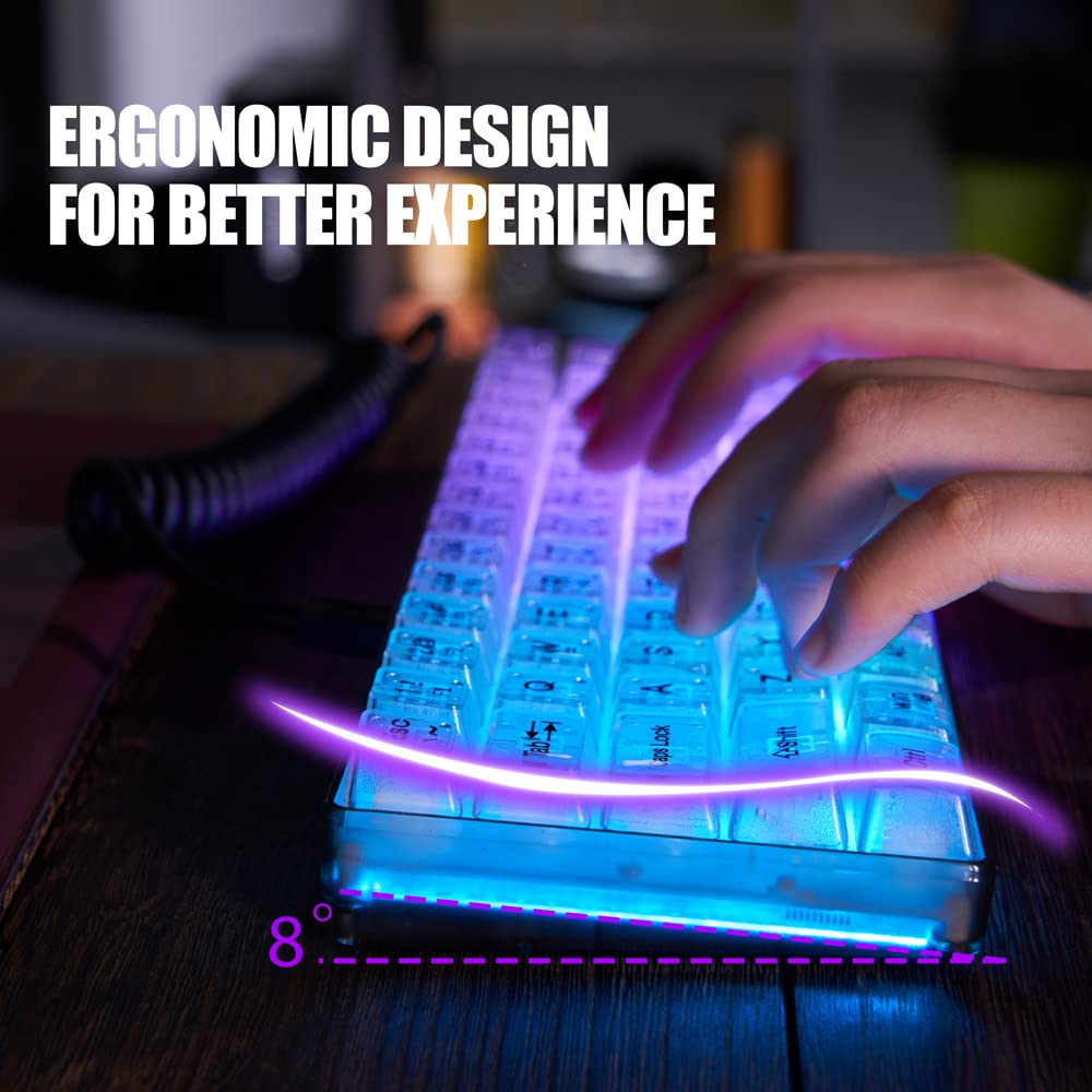 7KEYS 60% Percent Gaming Keyboard, 61 Keys Colorful RGB Backlight Transparent, Portable and Compact, Anti-ghosting Gaming Keys, USB-C Detachable Wired Cable for Mac, Laptop, PC Gaming