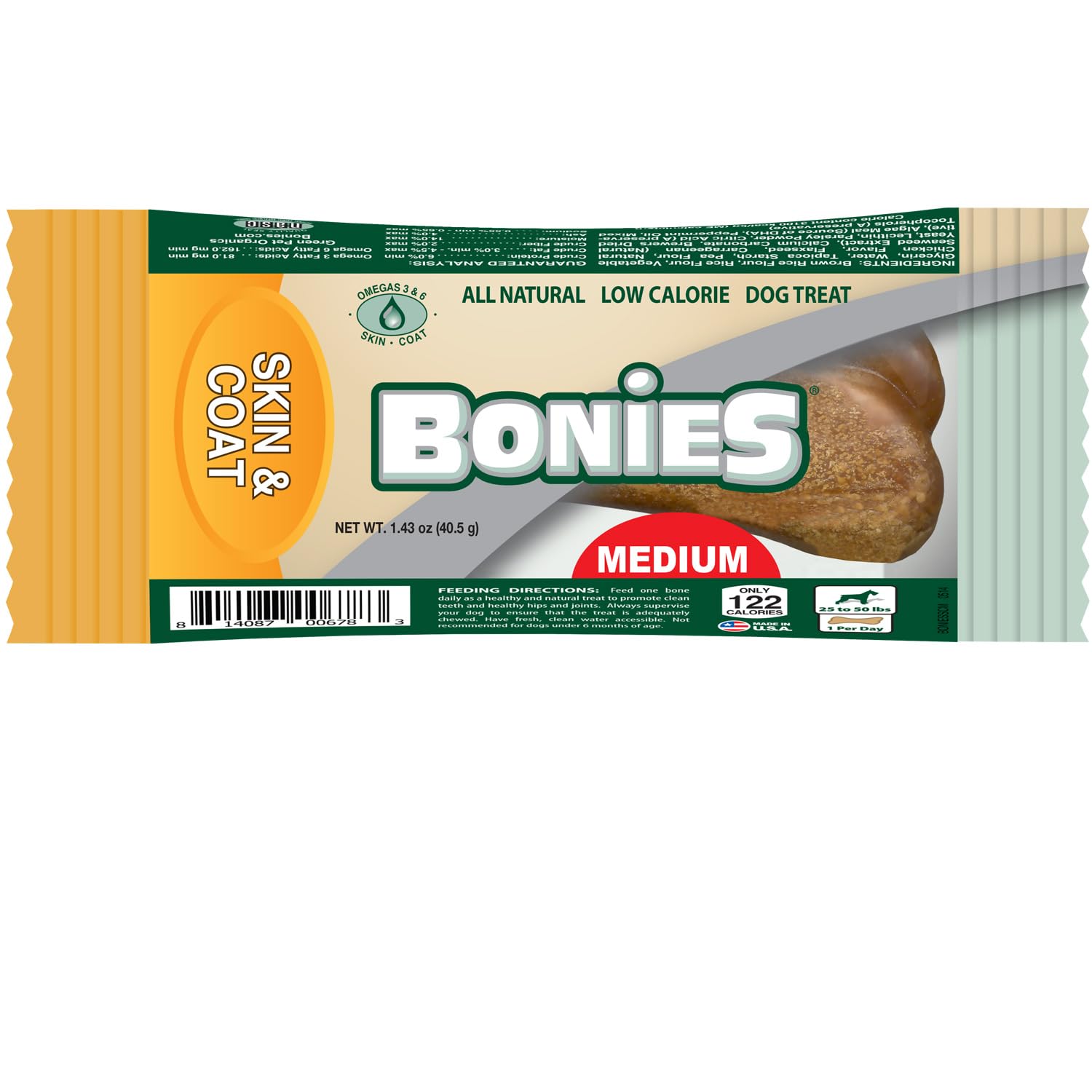 Bonies Natural Skin & Coat Formula Medium-Sized Single Bone - Promote Silky Coat & Healthy Skin, Healthy Teeth & Fresh Breath, Low Calories - Chicken Flavor, 1 Bone