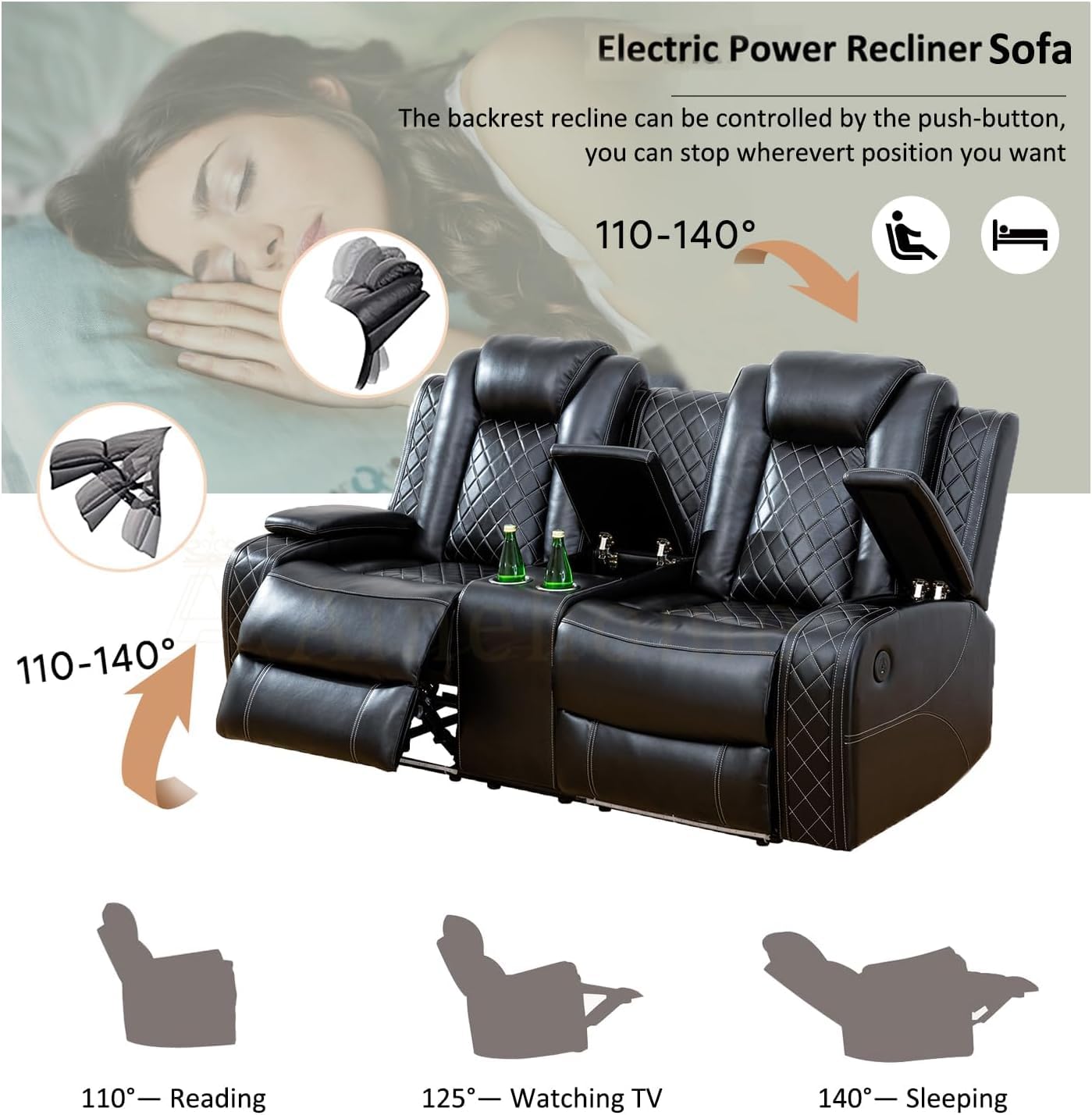 AYCP Air Leather Power Recliner Sectional with LED Lights, Reader Lights, Storage Consoles, Cup Holders, USB Charging Port (Sectional Set), Black