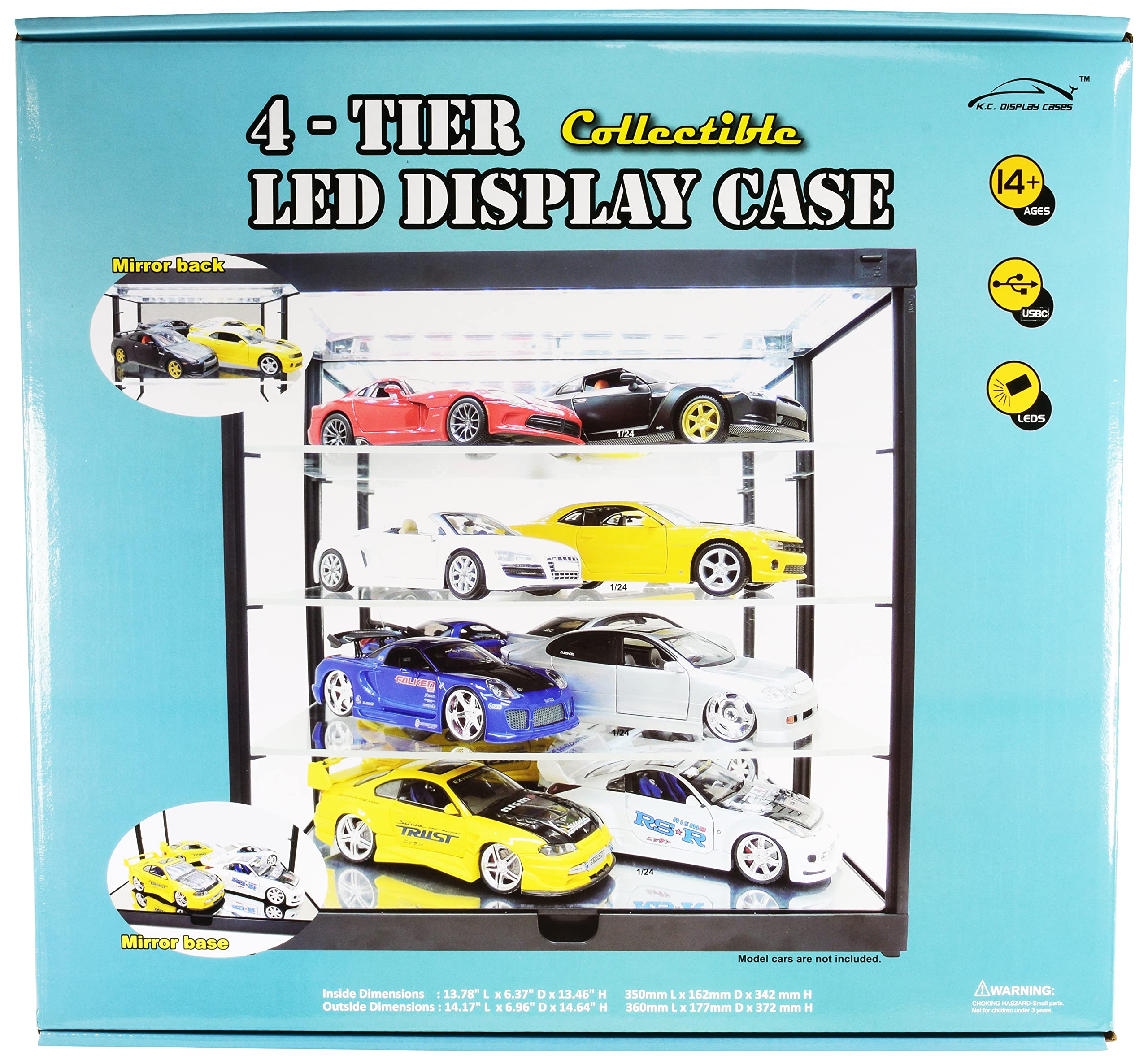Collectible 4-Layer Display Showcase with USB Powered LED Lights Black for 1/18 1/24 1/32 1/43 1/64 Scale Models MJ7840 MBK