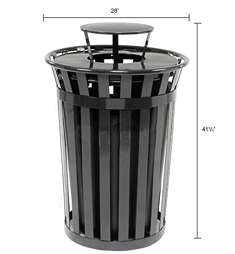 Global Industrial 36 Gallon Outdoor Metal Slatted Trash Receptacle with Rain Bonnet Lid, Black