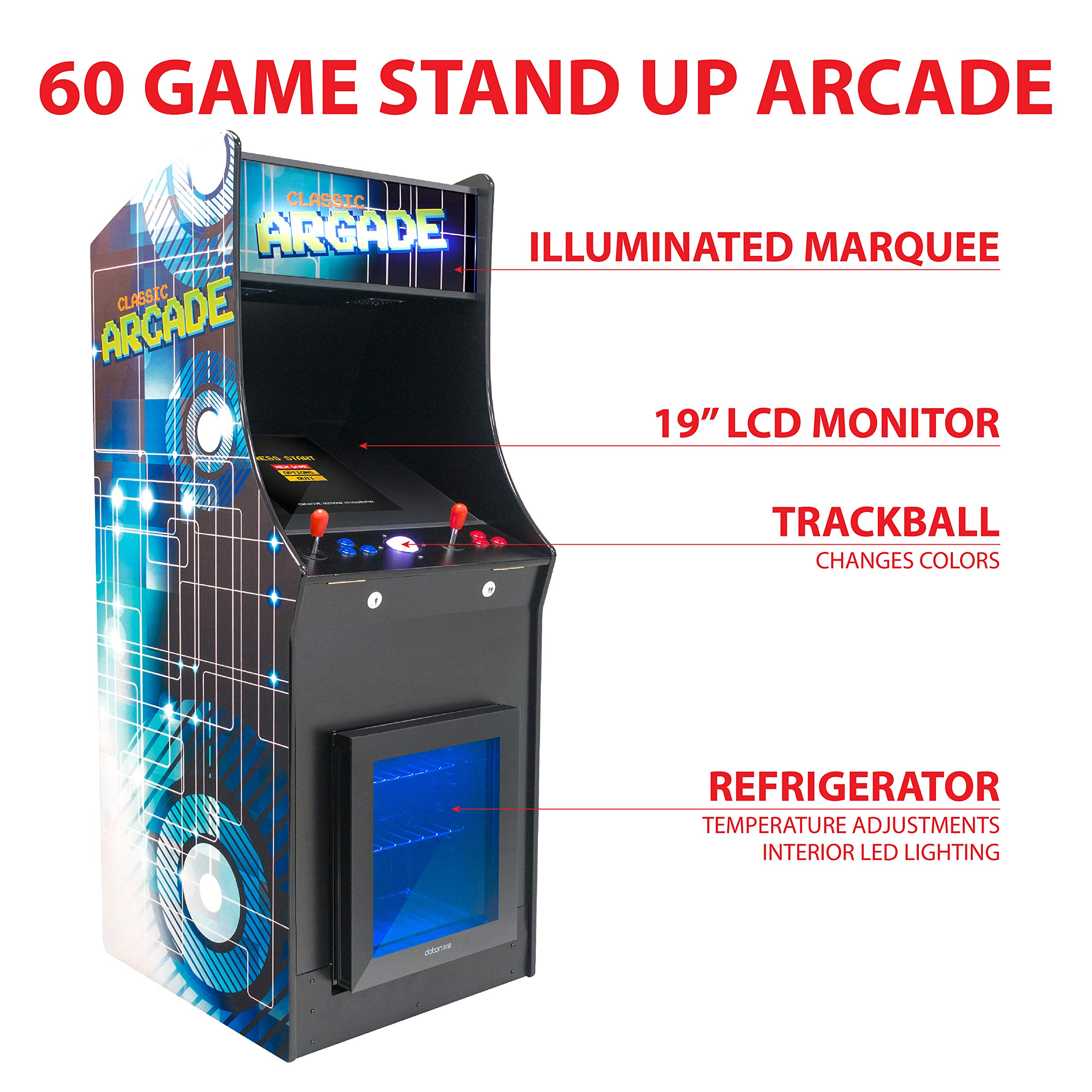 Creative Outdoor Distributor Full Size Stand-Up Commercial Grade Arcade Machine-2 Player, 60 Games, 22 LCD Screen, 2 Sanwa Joysticks, Trackball, Built-in Fridge, 2 Stools Included