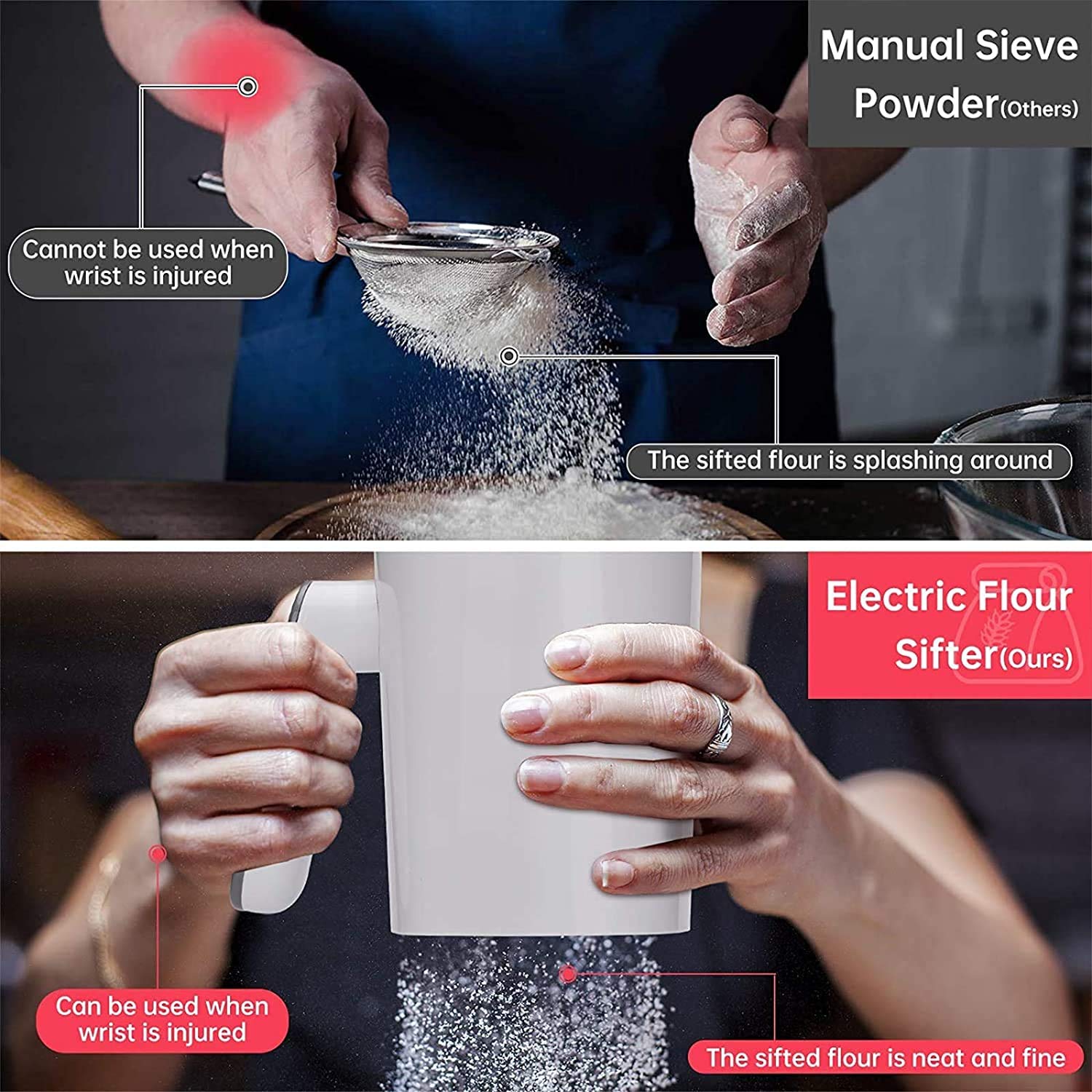 Battery Operated Electric Flour Sifter,Kinberry For Baking - Washable Bowl - 4 cup Flour Sieve Easy to Clean - Fine Stainless Steel Mesh Ergonomical Handle, White, FBA-flour