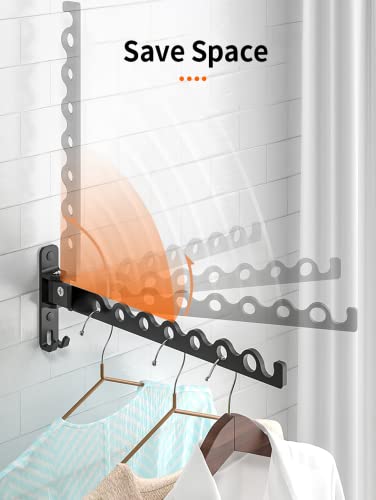Dr.DJ Wall Mount Coat Hanger Rack, Laundry Clothes Drying Organizer Rack Garment Hooks Aluminium Retractable Folding Indoor Wall Mounted Hanger Space Saver for Laundry Room Bedroom (2 Racks) Black