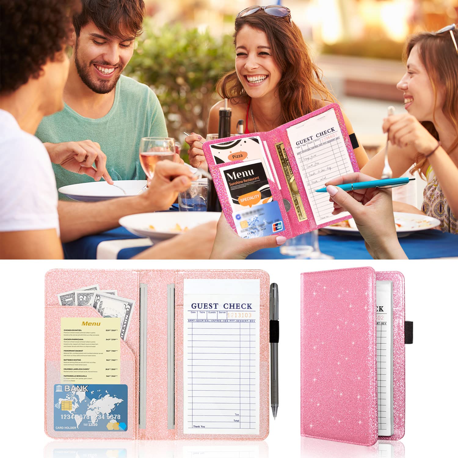 ACdream Server Books for Waitress, Guest Book Note Pad, Cute Pocket Leather Money Organizer Wallet, Cash Check Bill Receipt Holder Presenter, Waiter Accessories Fit Server Apron