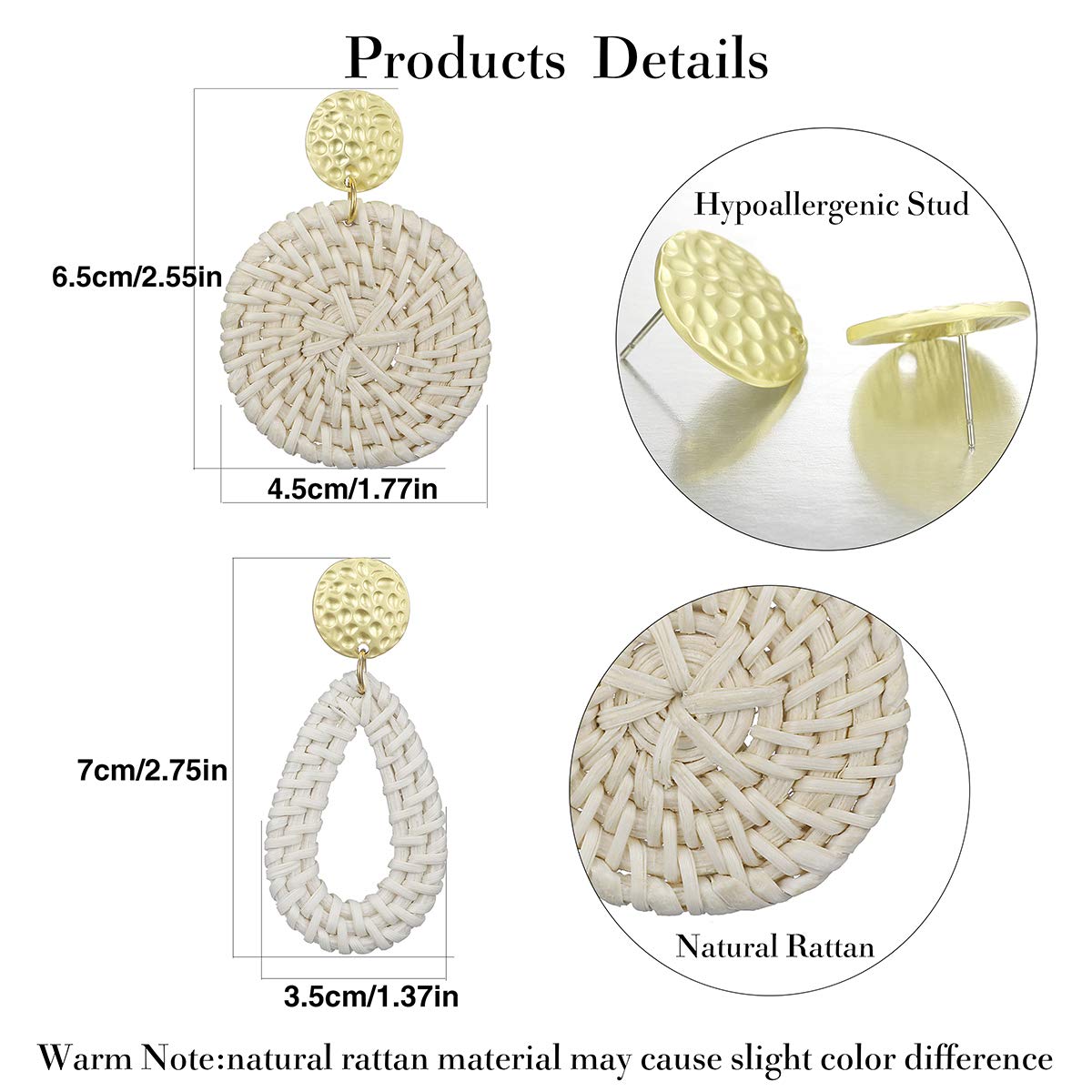 AIDSOTOU Rattan Earrings for Women Lightweight Geometric Statement Earrings Handmade Straw Wicker Braid Teardrop Hoop Drop Dangle Earrings 4 Pairs (Style-4)