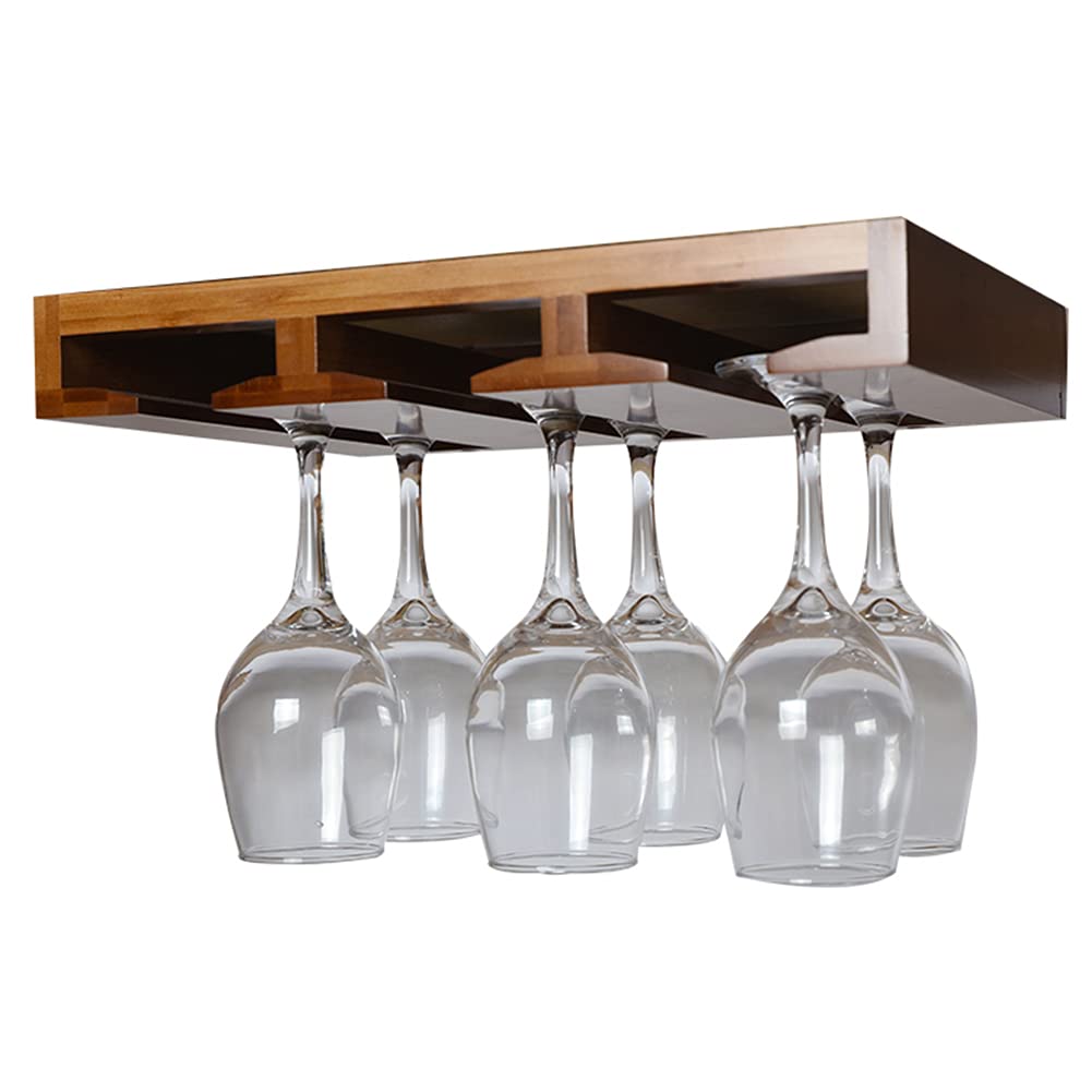 Bamboo Wine Glass Rack,Under Cabinet Stemware Rack,3/4/5 Rows Glasses Storage Holder for Bar Kitchen,Hanging Wine Glass Holder