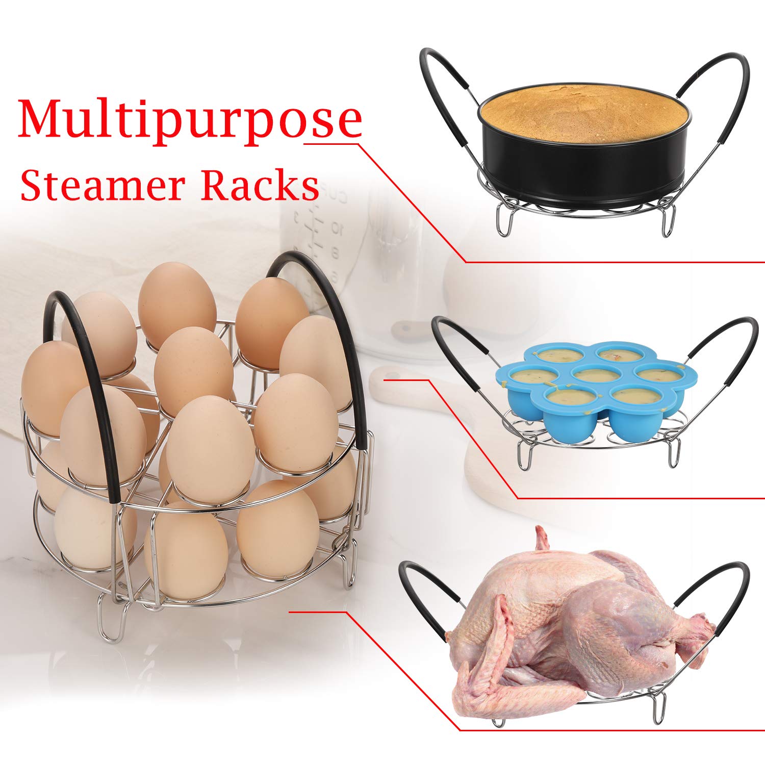 Aozita Multipurpose Stackable Egg Steamer Rack Trivet with Heat Resistant Silicone Handles Compatible for Instant Pot Accessories 6 Qt/8 Qt - 18 Egg Cooking Rack for Pressure Cooker Accessories