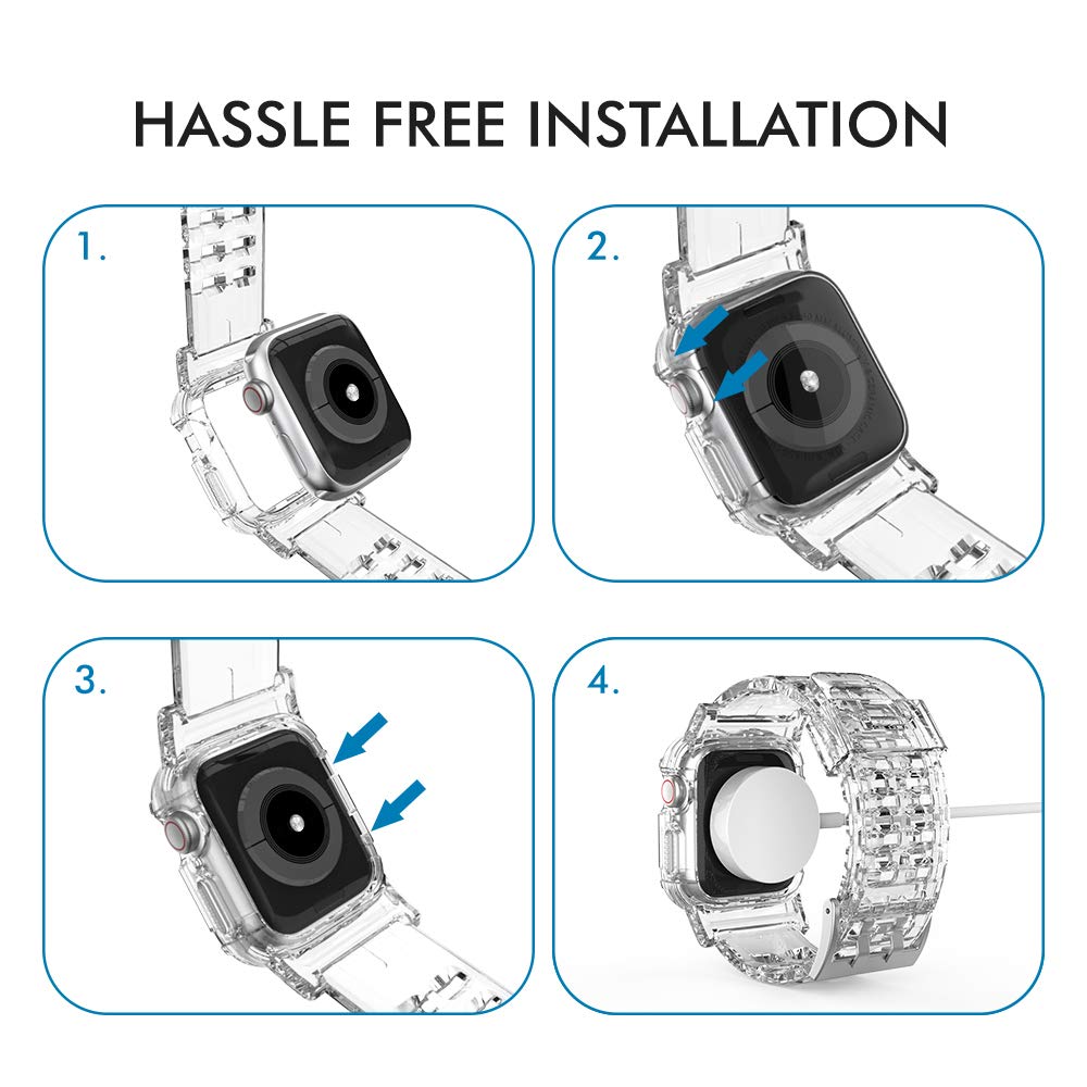 AHASTYLE Compatible with Apple Watch Clear Band Crystal Band with Rugged Bumper Case for Apple Watch Series 6 5 4 3 2 1 SE Transparent (42mm/44mm, Crystal Clear)