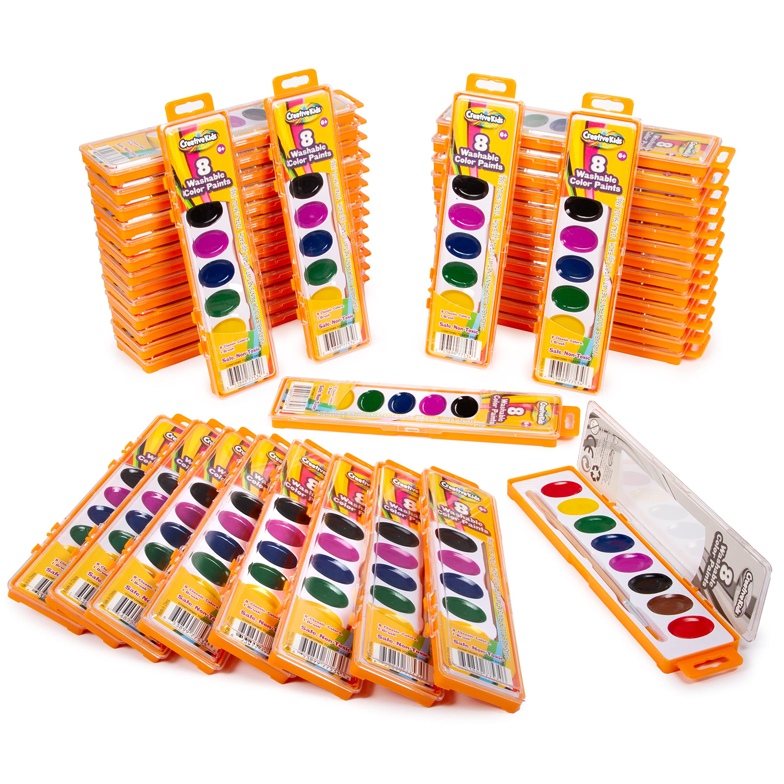 Creative Kids Bulk Washable Watercolor Paint Set - 40 Pack w/ 8 Assorted Water Color Paints & Wooden Brush - Classroom Art Supplies