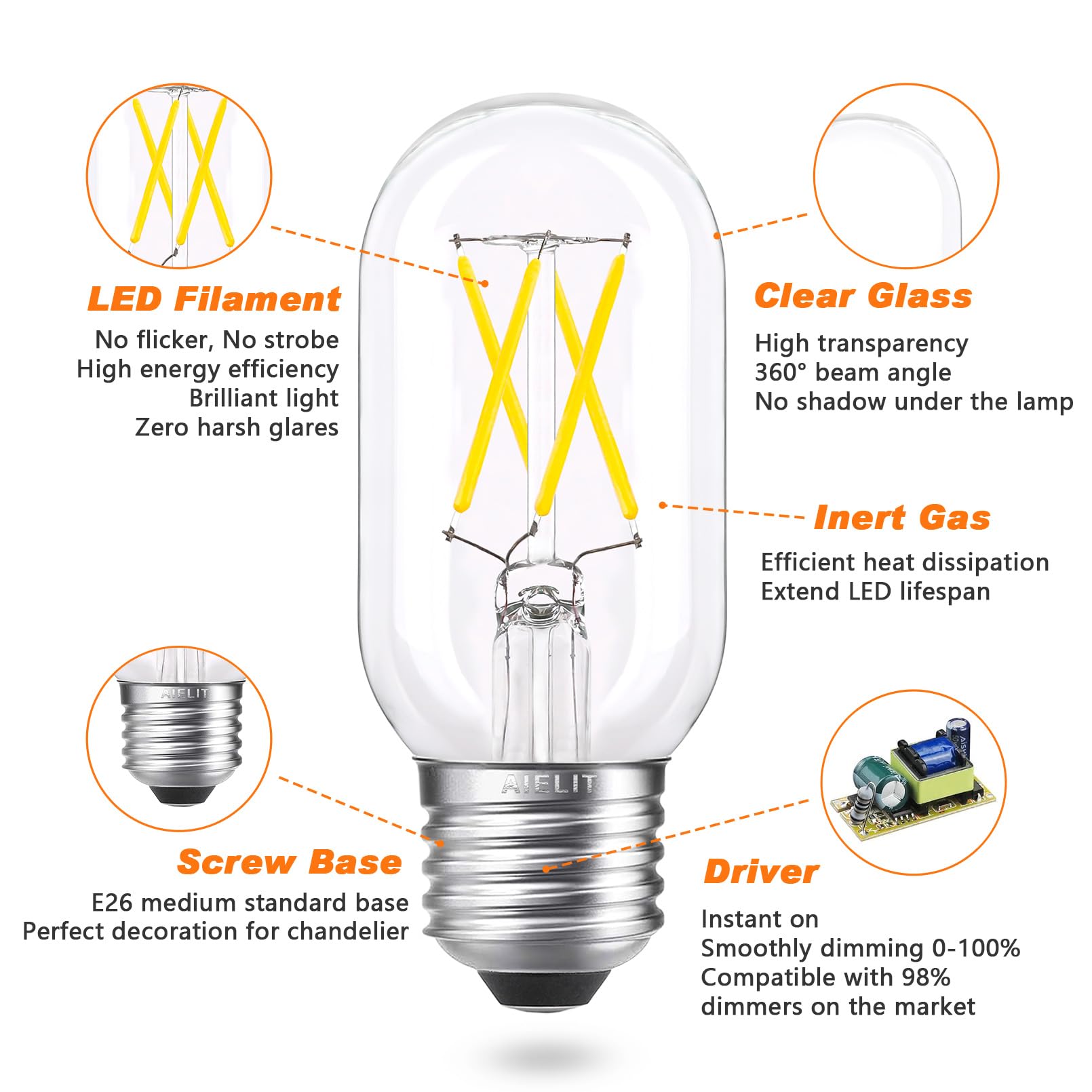 AIELIT 40 Watt Equivalent E26 LED Bulb Dimmable, Daylight White 5000K, Energy Efficient 4W, 400lm Tubular Edison T14 T45 LED Light Bulbs for Pendant Sputnik Vanity Chandelier Wall Sconce, 8 Pack