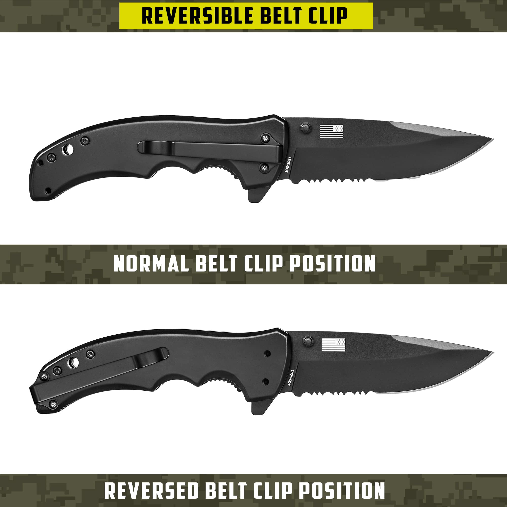 Military Gift Shop MVP 1805-SOT Black Stealth Tactical Pocket Knife | Steel Black Titanium Coated Folding Knife with Reversible Clip | SOT Black Knife