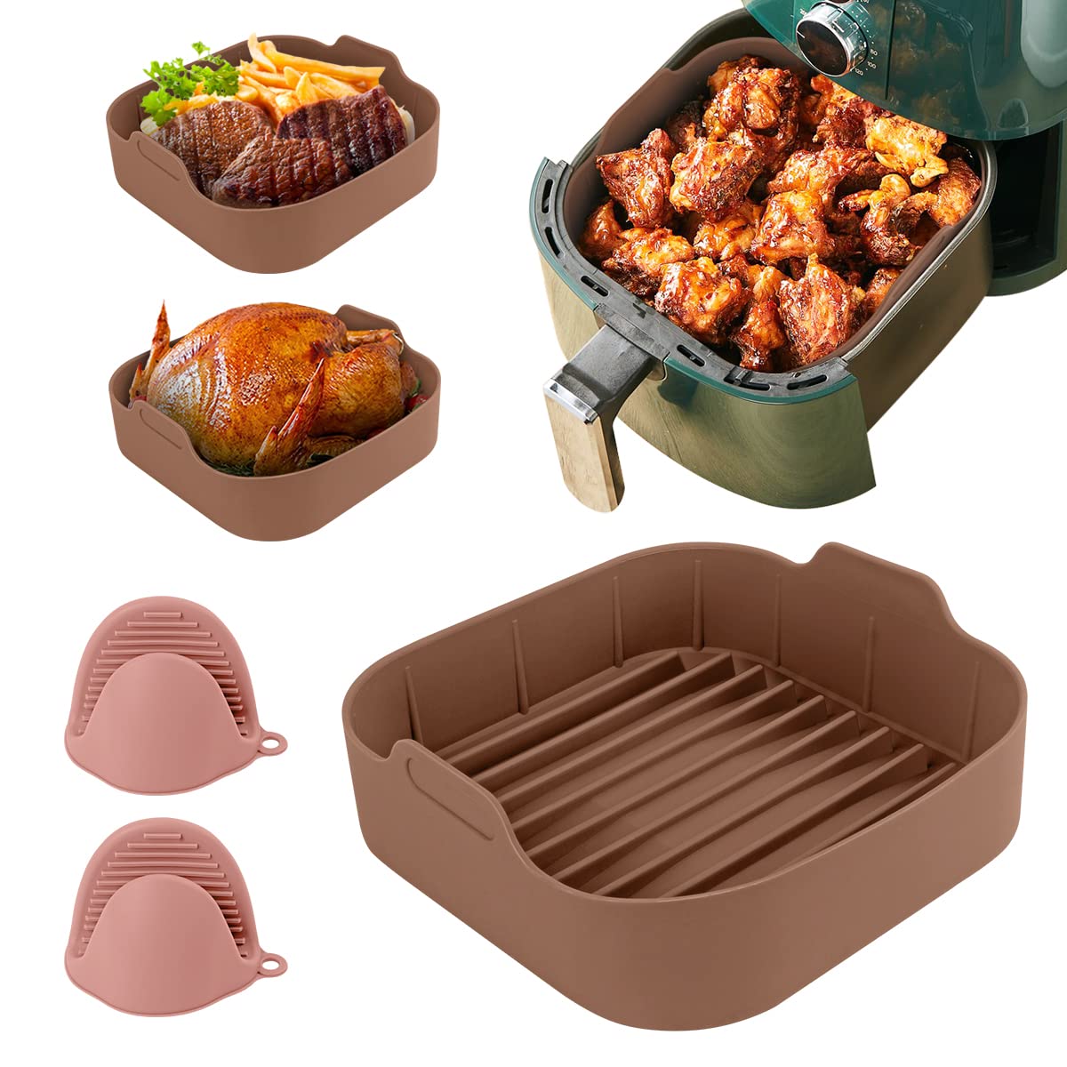 Air Fryer Silicone Pot - Silicone Air Fryer Reusable Liners for 5.5 QT or Bigger Square, Food Safe Reusable Air Fryer Silicone Basket,Easy Cleaning Air Fryer Pan with Heat-proof Gloves (Brown)