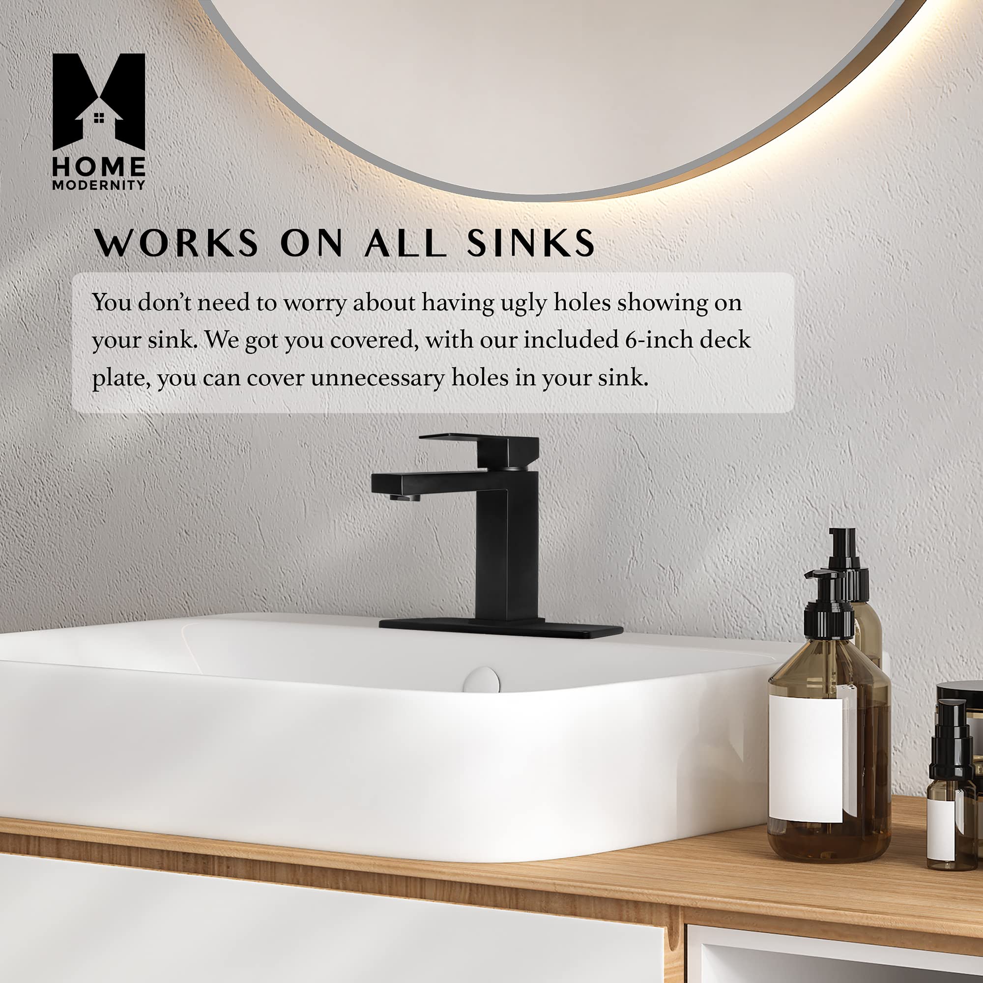 Matte Black Bathroom Faucet - Single Hole Bathroom Faucet Black - Smooth Faucet with 6 Inch Sink Deck Plate for 3 Hole Faucet - Modern Single Handle Bathroom Faucet.