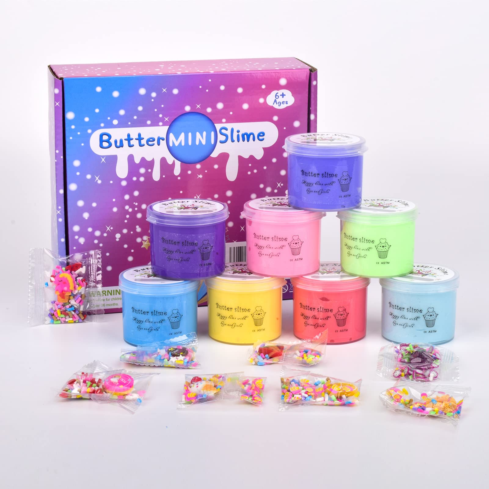 8 Pack Butter Slime Kit with Cake, Animal, Candy and Fruit Accessories - Super Stretchy, Non-Sticky, Educational Stress Reliever for Kids, Boys and Girls