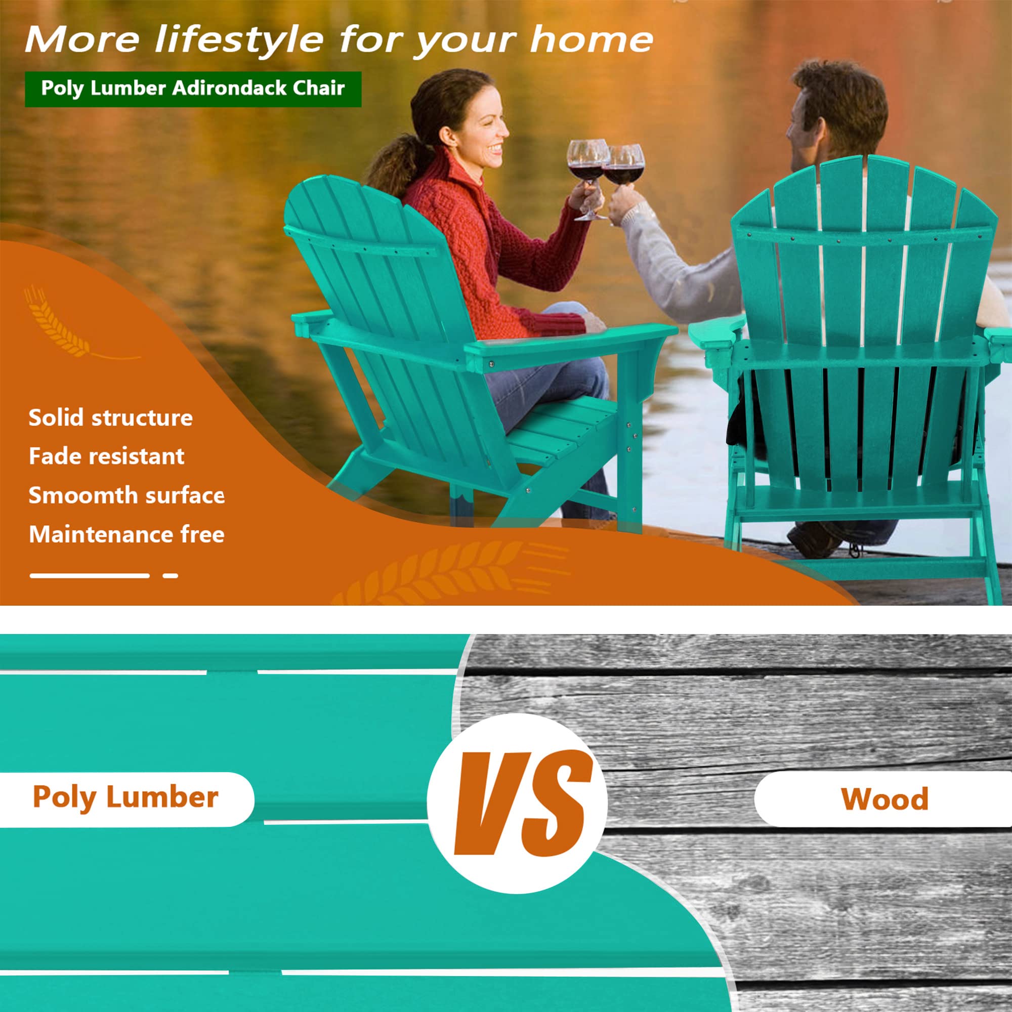 WMK Adirondack Chair Weather Resistant, Outdoor Fire Pit Chairs Plastic Resin Deck Adirondack Chairs for Patio, Law, Garden (Blue)