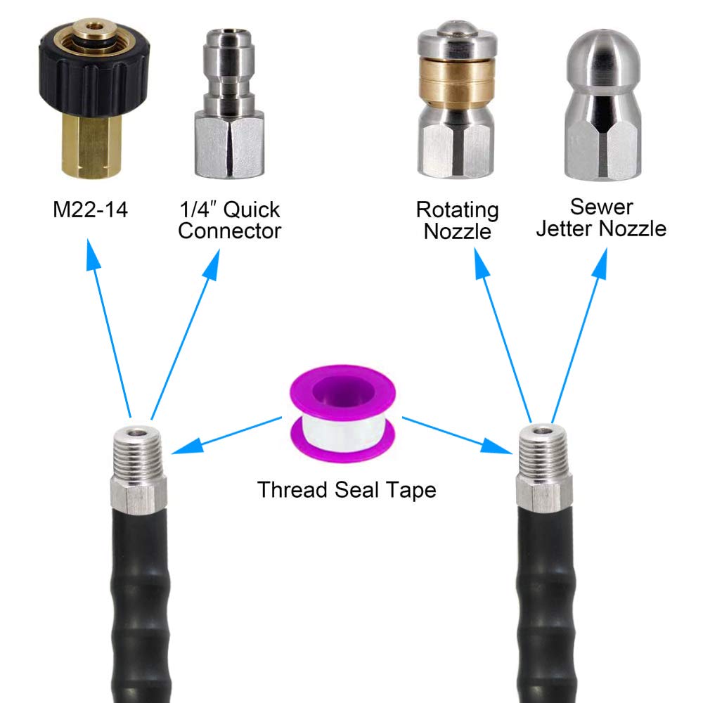 AgiiMan Pressure Washer Sewer Jetter Kit - 4000 PSI 1/4 inch NPT, Hydro Drain Jetter Cleaner Hose, Rotating Sewer Jetting Nozzle with wrench, Orifice 4.0, 4.5, 50 FT