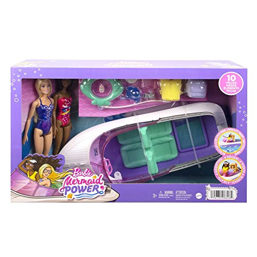 Barbie Mermaid Power Dolls & Toy Boat Playset, "Malibu" & "Brooklyn" in 18-in Floating Boat with See-Through Bottom & Accessories