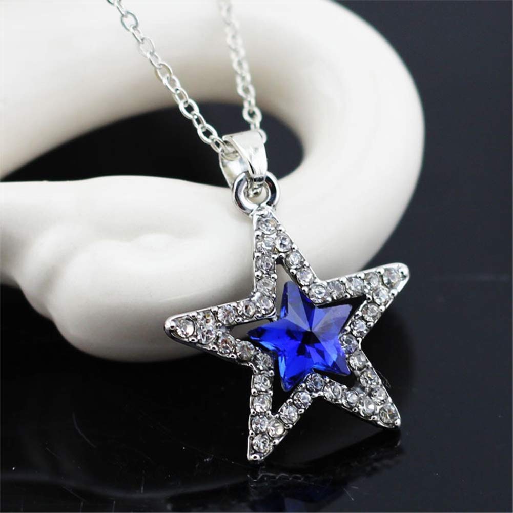 AILUOR Five-Pointed Star Sapphire Crystal Pendant Necklace, Fashion Silver Crystal Hollow Star Jewelry for Women (Blue)