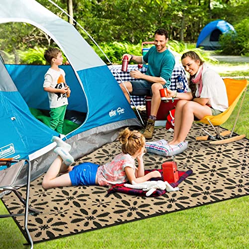 AOLEBA Reversible Outdoor Plastic Straw Rug Mat, 5'x8' Black and Beige Flower Area Rugs for Outdoor, Camping, RV, Patio, Picnic, Beach, Backyard, Deck, Trailer