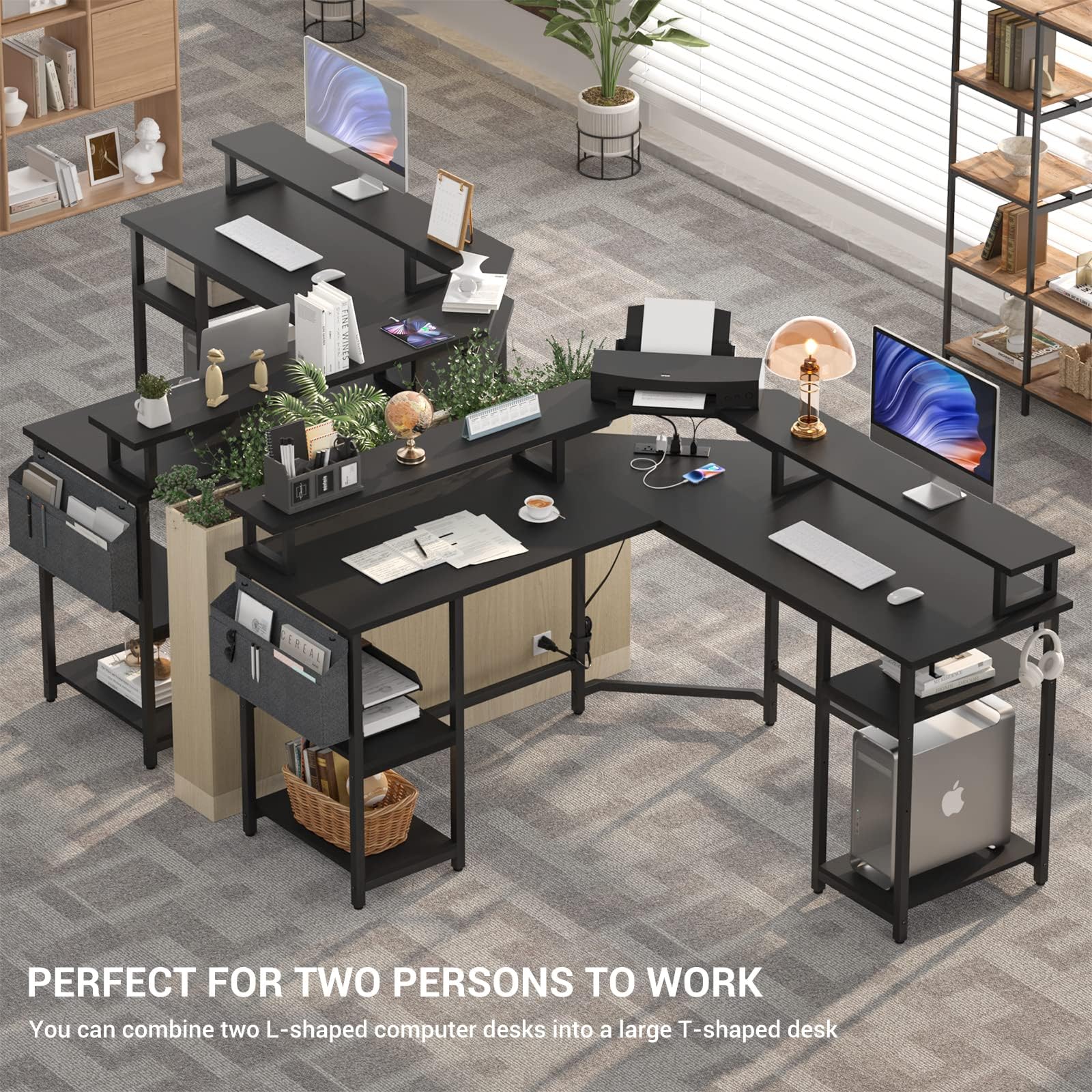 Aheaplus L Shaped Gaming Desk with Power Outlets & LED Lights, L- Shaped Desk Computer Corner Desk with Monitor Stand and Storage Shelf, Home Office Desk Writing Desk with Storage Bag, Black
