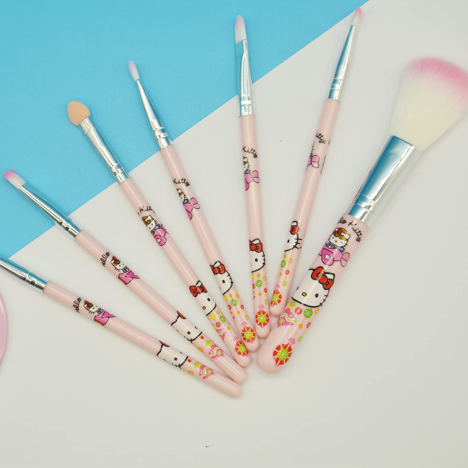 7 PCS Kitty Makeup Brush with Kitty Cat Mirror-Cosmetic Makeup Brush Set Tool Kit Set Brush Set Best Gift for Young Girl Women