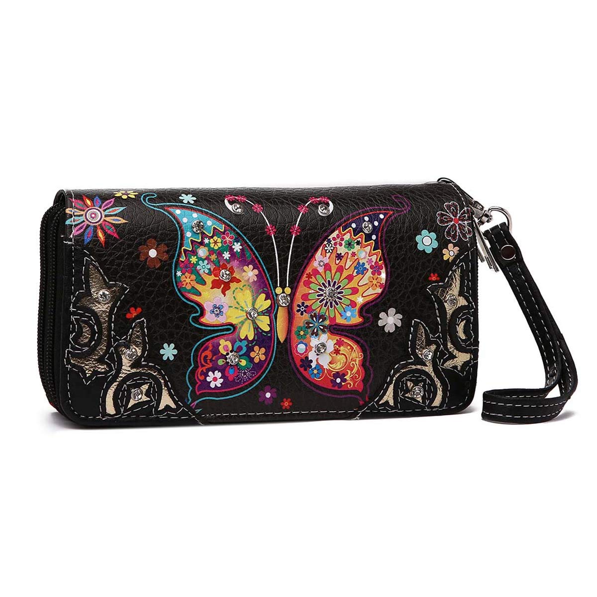 Colorful Butterfly Spring Western Style Fashion Purse Women Wristlets Wallet (Black)