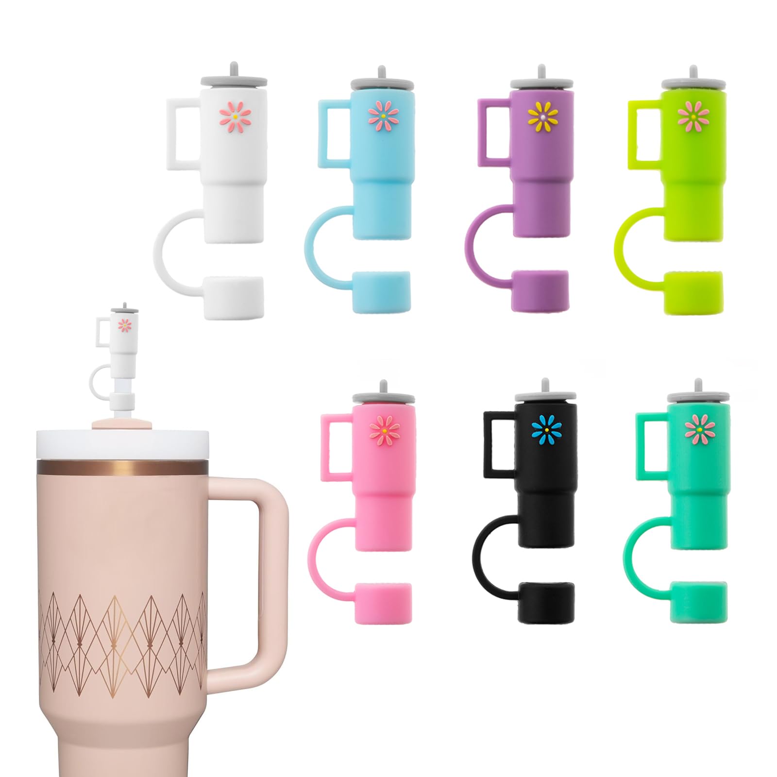 7 Pcs Stanley Straw Cover Cap, Stanley Straw Topper for 9-10mm Straw, Compatible with Stanley 30&40 Oz Tumbler with Handle.(Mini Stanley Cup Shaped)