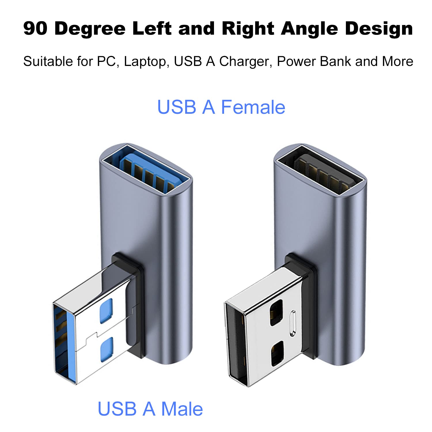 AreMe 90 Degree USB 3.1 Adapter 2 Pack, Left and Right Angle USB A Male to Female Converter Extender for PC, Laptop, USB A Charger, Power Bank and More