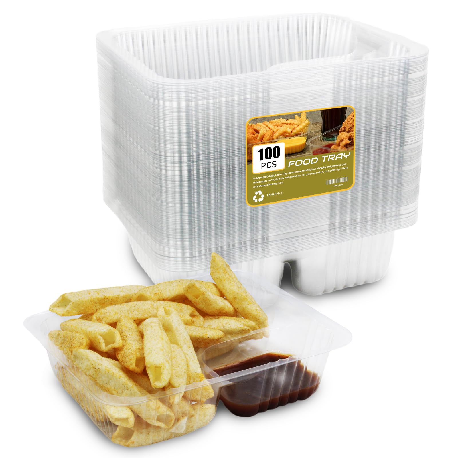 AHKUNMT 100 PC Nacho Trays Disposable, 12oz Plastic Nacho Containers with Chip and Dip Holder, 6x5 In 2 Compartments Clear Snack Trays for Kids,Parties, Movie Night Supplies (Plastic-100pc)