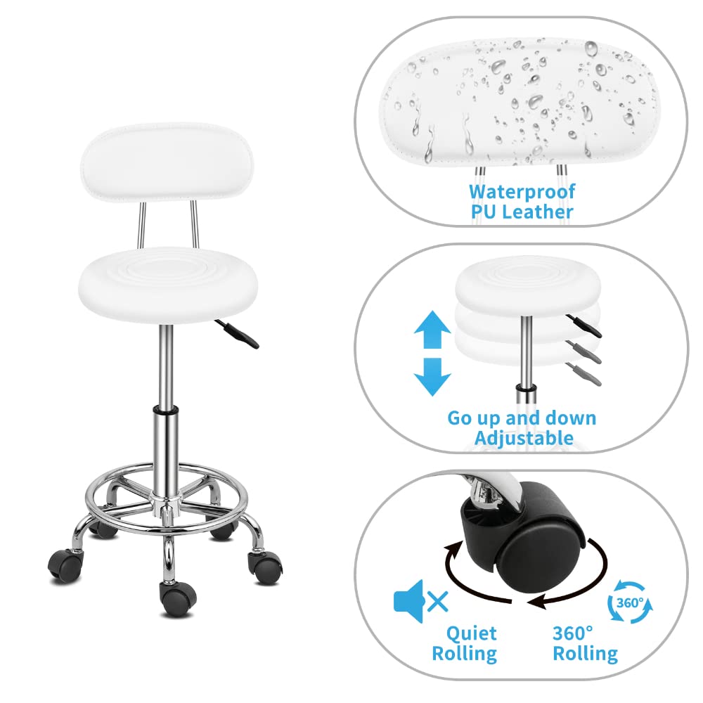 BADALO Adjustable Hydraulic Swivel Bar Salon Stool Stripe Backrest Chair, White