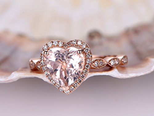 8mm Heart Shaped Cut Pink Morganite 14k Rose Gold Diamond Halo Marquise Engagement Ring Wedding Band