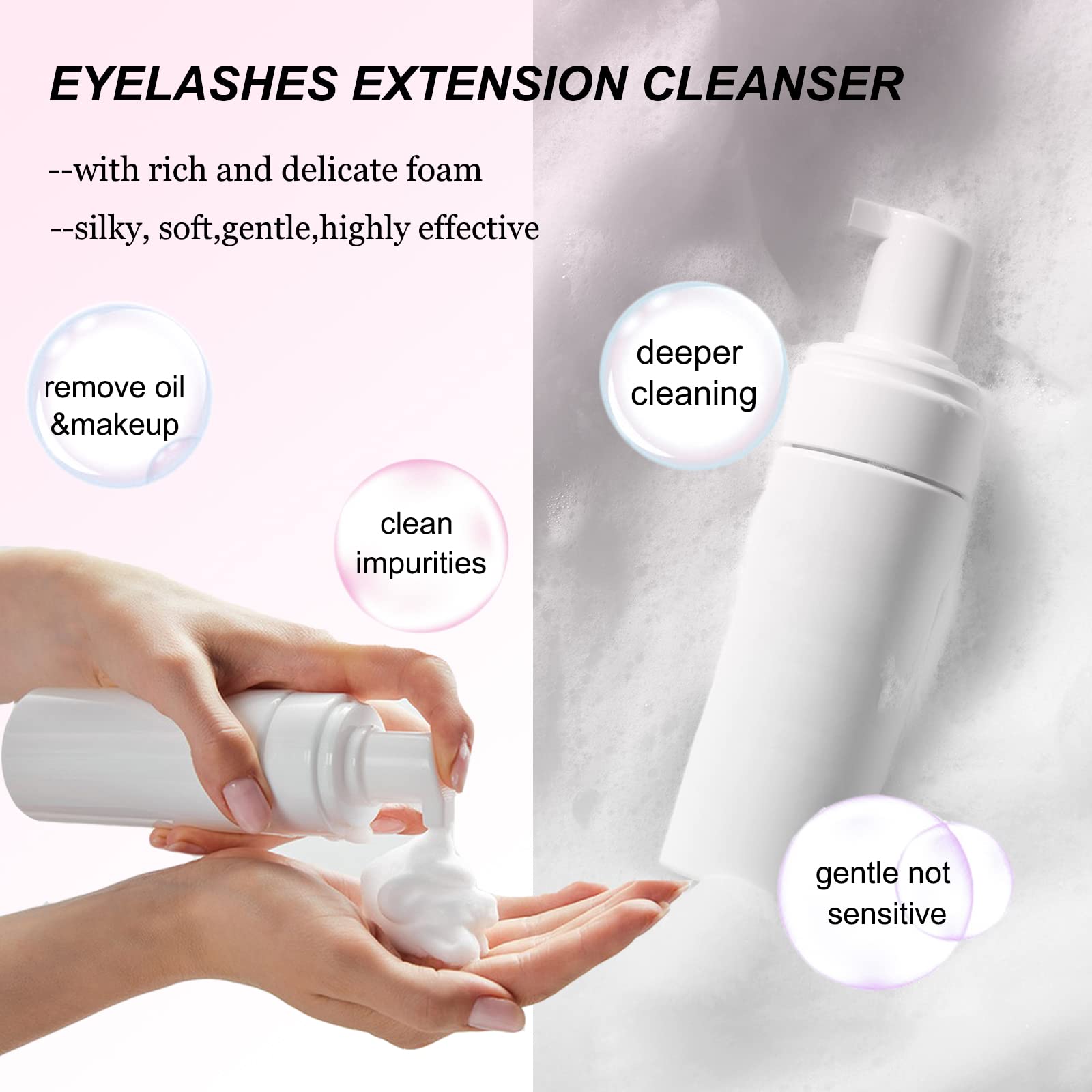 AREMOD 50ml Eyelash Extension Cleanser, Lash Shampoo for Lash Extensions 50pcs Eyelash Brush Cleaning Brush Makeup Remover Pad and Rinse Bottle for Lash Cleaning for Salon Home Use(Pink)