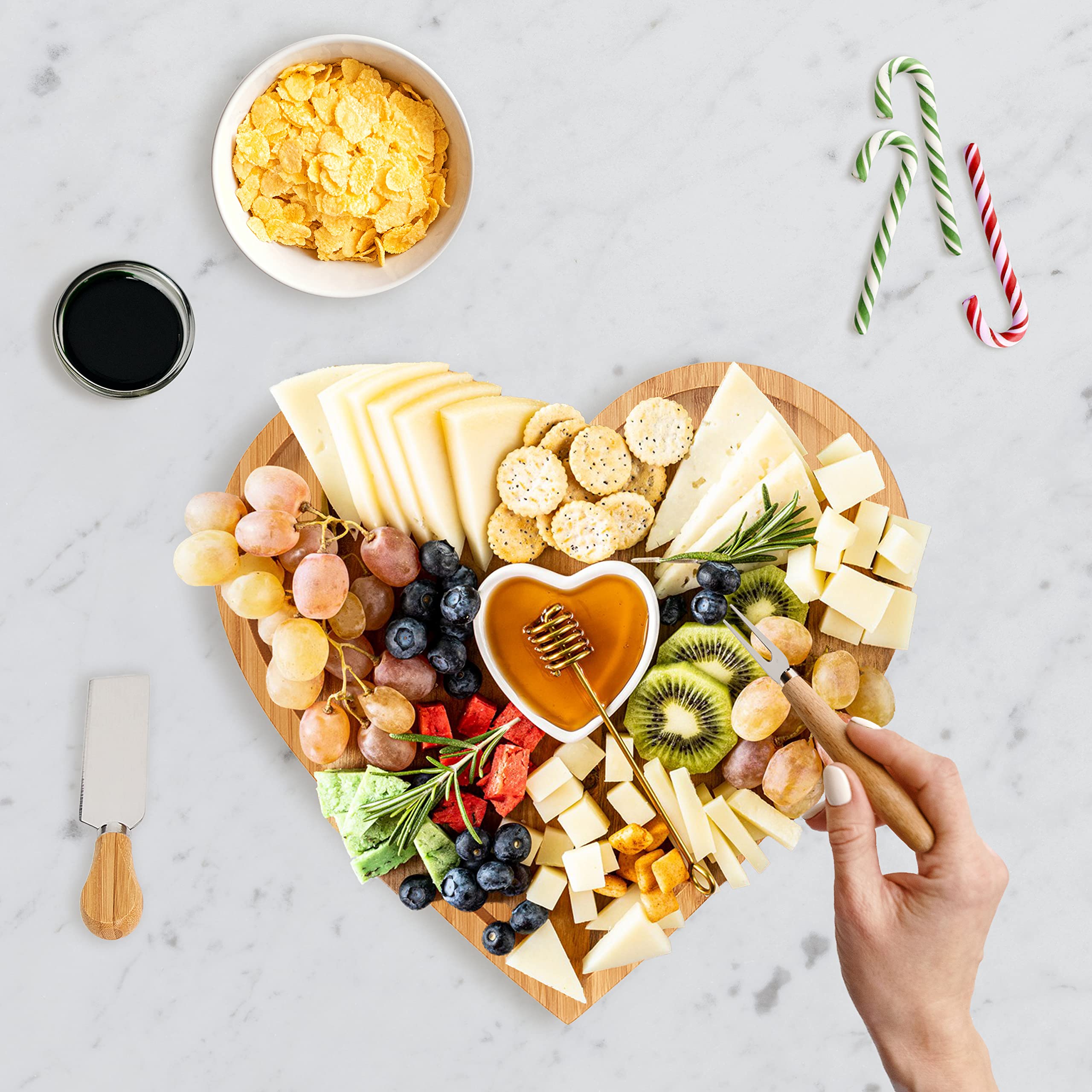 Bamboo Heart Charcuterie Board Set with knife set β Cheese Tray for Serving Cheese, Crackers, and Appetizers at Parties β Best gift for weddings birthdays valentines, anniversaries, and much more