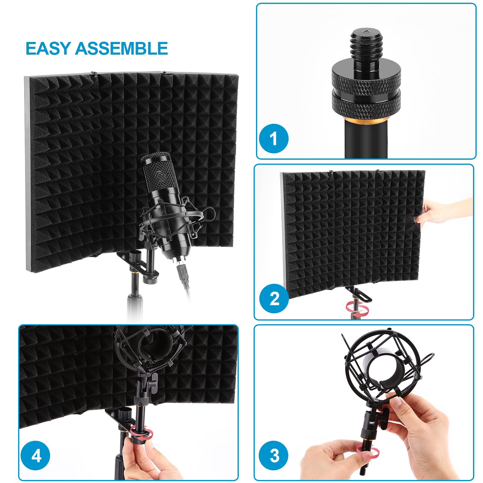 AGPTEK Microphone Isolation Shield, Foldable Adjustable Durable Studio Recording Microphone Isolator Panel for Stand Mount or Table Top-Extra Large Size