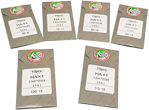 Bequilter 60pcs(10PCS Each Size) Organ Flat Shank Home Sewing Machine Needles 15X1 HAX1 130/705H Size 8,11,12,14,16,18 for Brother Singer