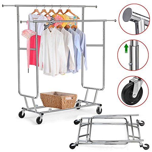go2buy Commercial Clothing Garment Rolling Collapsible Rack Hanger Holder Double Rail