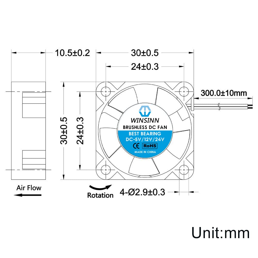 WINSINN 30mm Fan 24V, 3D Printer Micro 24 Volt Fans 3010 Dual Ball Bearing, Brushless Cooling 30mmx10mm 2PIN (Pack of 5Pcs)