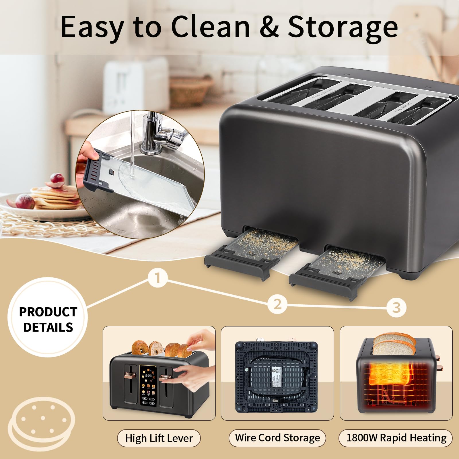 SEEDEEM Toaster 4 Slice, Full Touch control Toaster, LCD Display, 6 Bread Type, 7 Shade Settings, 1.4''Wide Slots,More Time Function, Removable Crumb Tray, 1800W, Dark Metallic