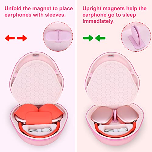 BOVKE Hard Carrying Case with Sleep Mode for Apple AirPods Max Wireless Over-Ear Headphones, AirPods Max Protective Portable Storage Bag with Mesh Pocket for Headphone Accessories, Pink