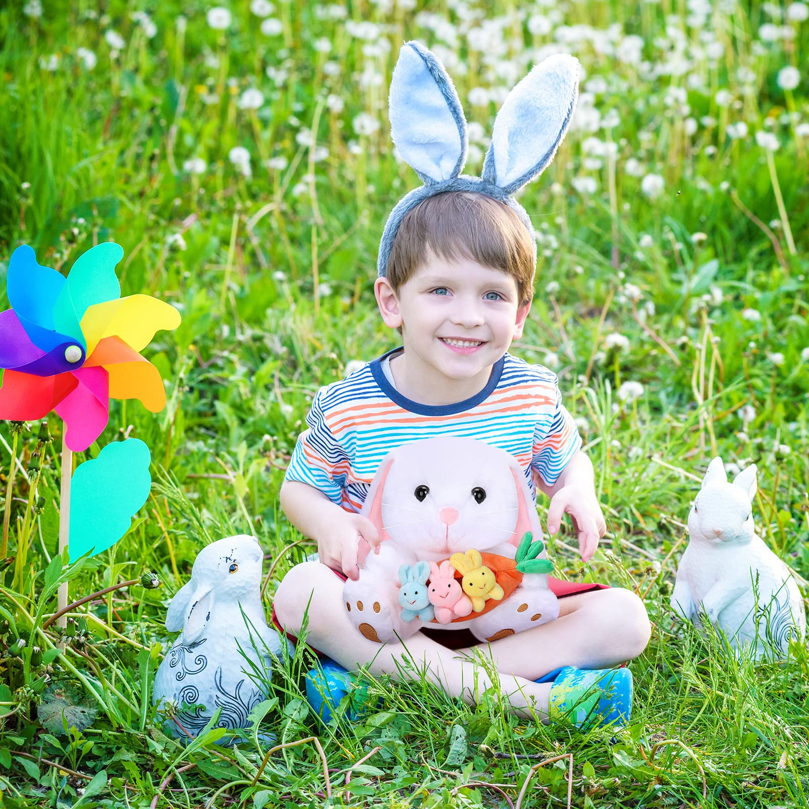 Easter Bunny Stuffed Animals with 3 Bunnies in a Carrot Rabbit Decor 10 Inches Easter Rabbit Plush Soft Cute Bunny Plush Toys Desktop Decoration for Boys and Girls Holiday Birthday Gift(Bunny)