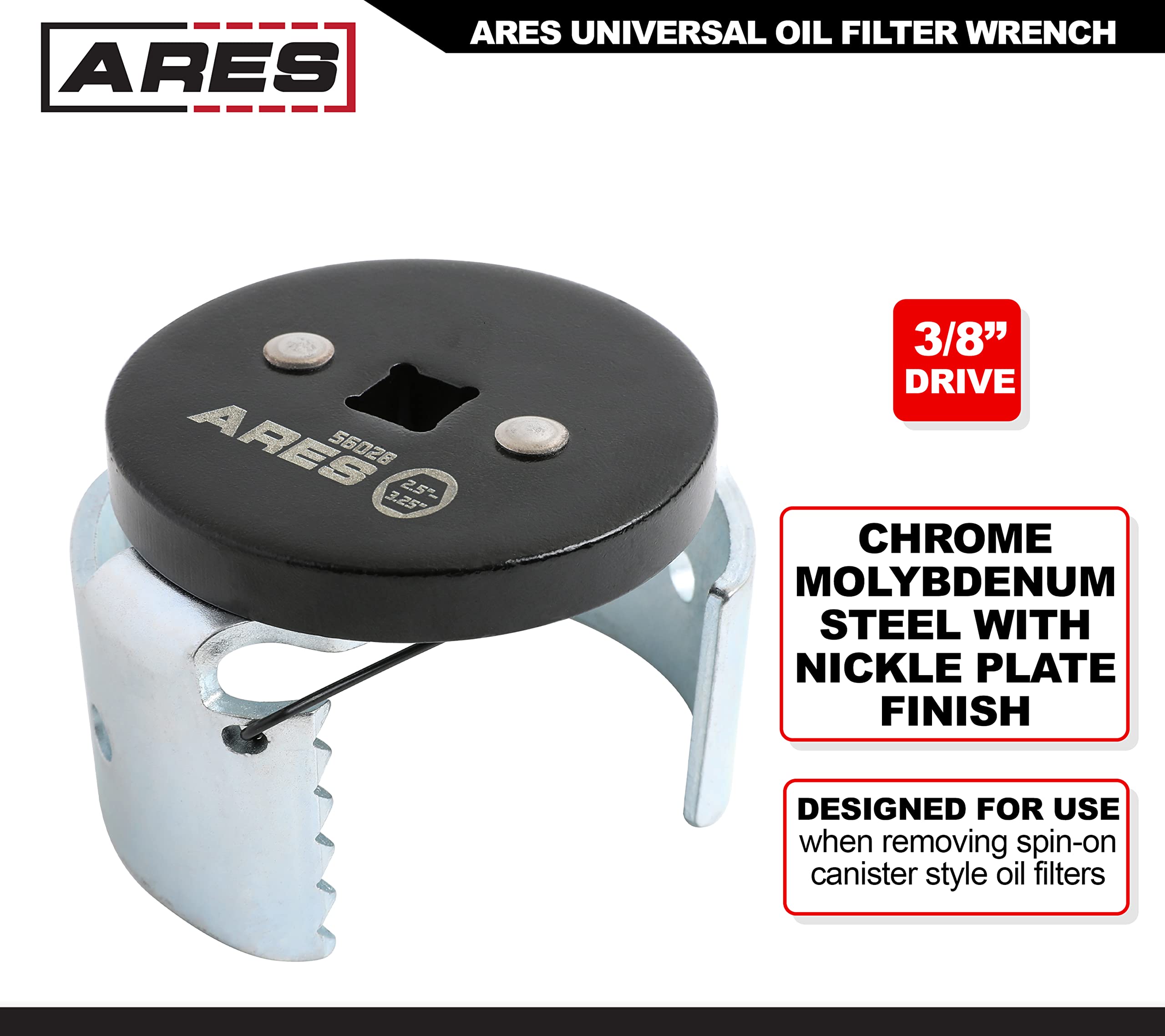 ARES 56028 - Universal Oil Filter Wrench - 3/8-Inch Drive - Removes 2.5 to 3.25-inch Diameter Spin-On Style Oil Filters