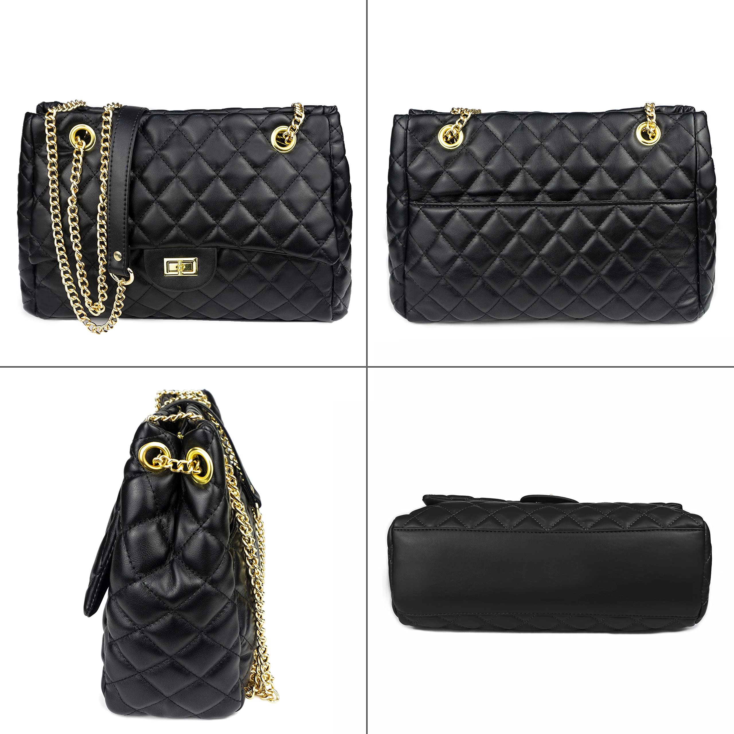 Rejolly Quilted Shoulder Bags for Women PU Leather Ladies Crossbody Handbag Stylish Envelope Purse with Chain Strap (Black)